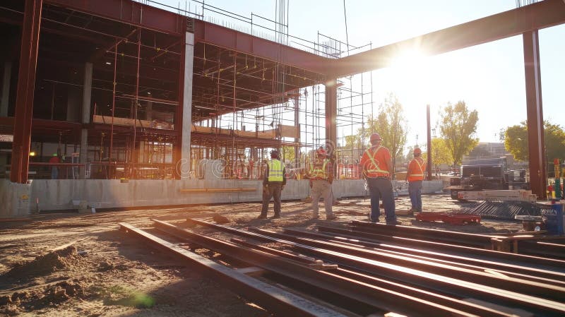 Construction Site with Workers Discussing Project Amidst Steel Beams ...