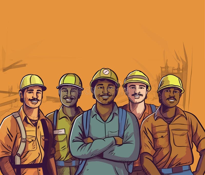 Hardhat Construction Workers on Yellow Copy Space Background Stock ...