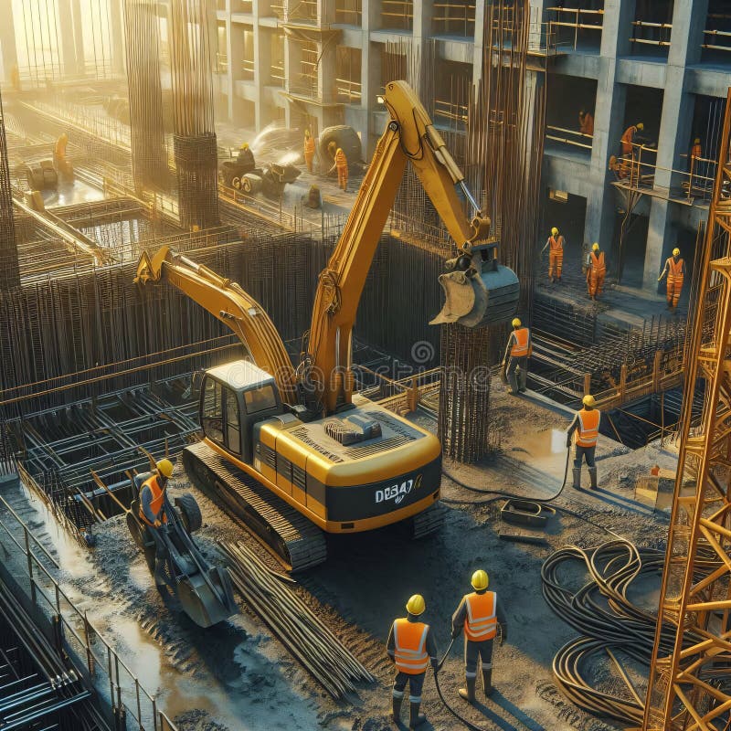 Construction Site with Workers, Heavy Equipment and Materials Stock ...