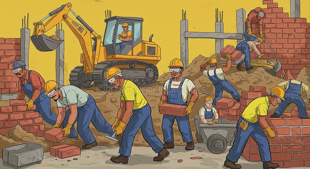 Construction Site with Workers Involved in Building Tasks. Several Men ...