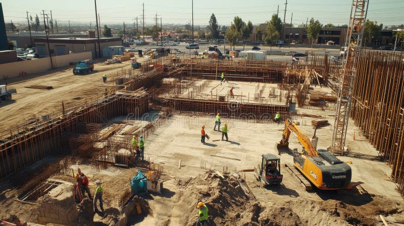 Construction Site with Workers, Machinery, and Building Framework in ...