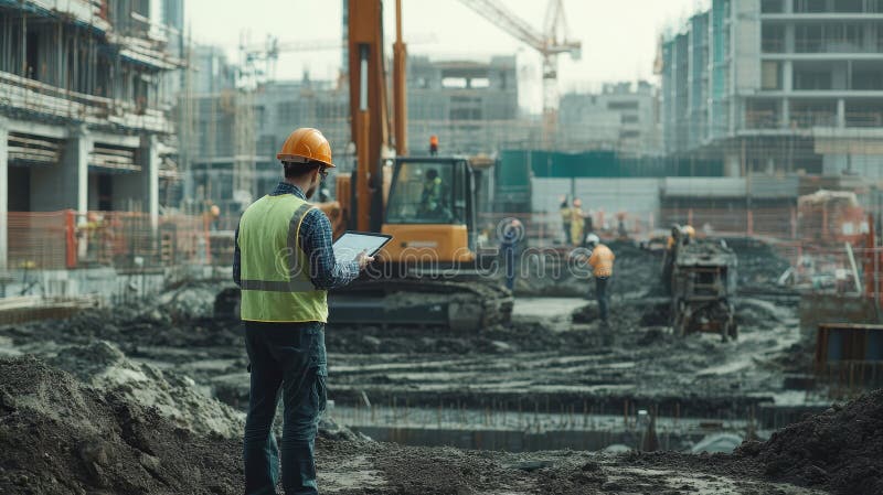 Construction Site with Workers, Machinery, and a Supervisor Checking ...