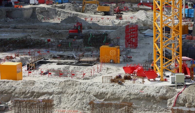 Construction Site with Workers and Machines Stock Image - Image of ...