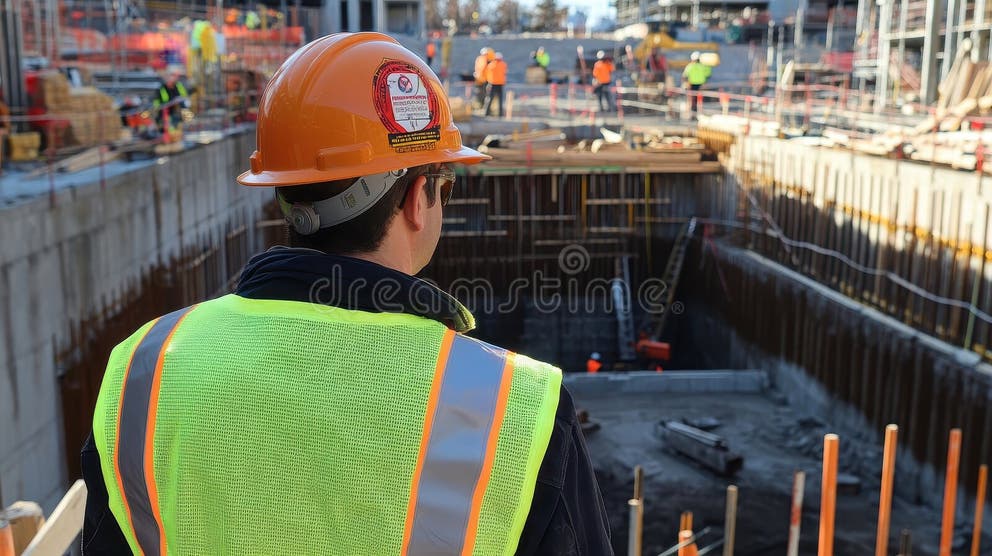 Construction Site with Workers and a Person Observing a Deep Excavation ...