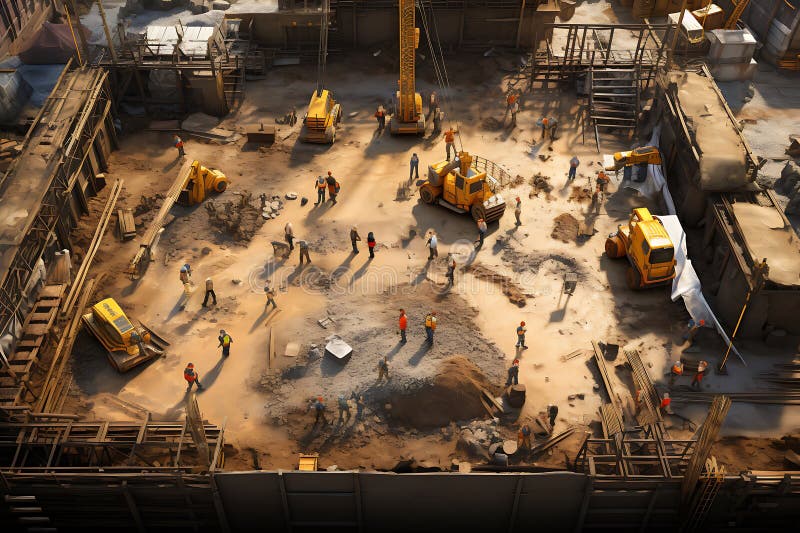 Construction Site with Workers in the Process of Building, Top View ...