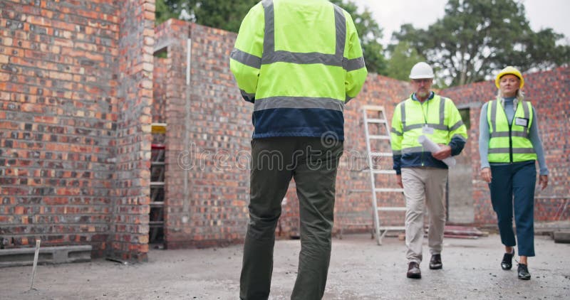 Construction Site, Workers and Walking with Engineering, Builder and ...