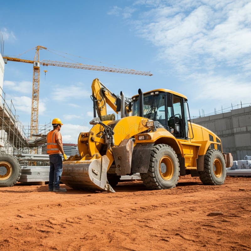 A Construction Site with a Yellow Backhoe Loader on Reddish-brown Dirt ...
