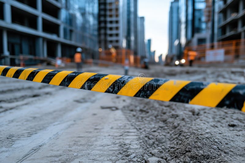 Construction Site with Yellow and Black Warning Tape on a Foreground ...