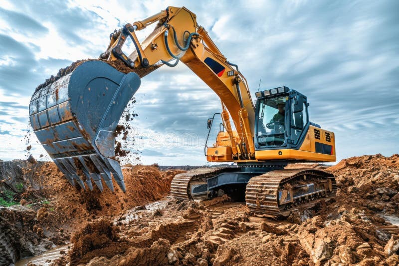 At the Construction Site, a Yellow Excavator is Digging in the Soil ...