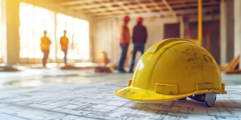 Construction Site with Yellow Hard Hat and Blueprints in Foreground ...