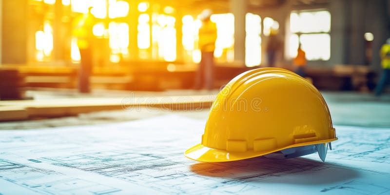 Construction Site with Yellow Hard Hat on Blueprints and Workers in ...