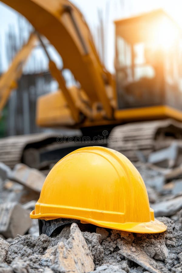 Construction Site with a Yellow Hard Hat and Heavy Machinery Working ...