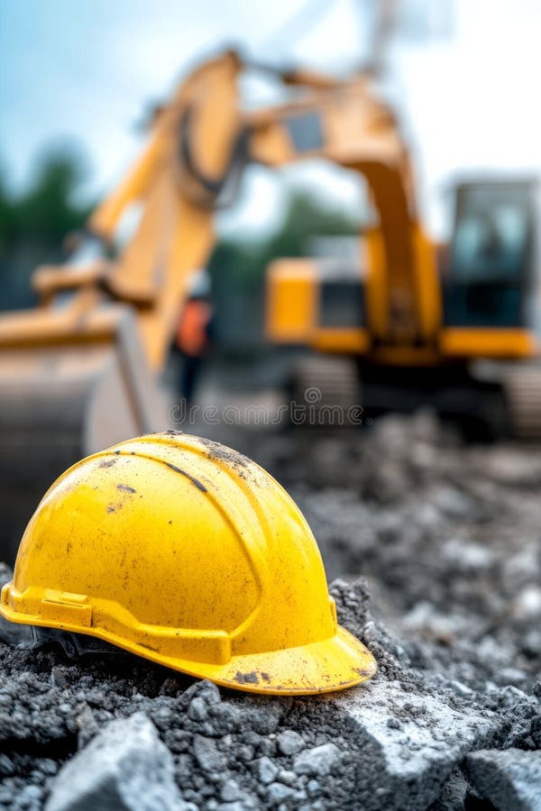 Construction Site with a Yellow Hard Hat and Heavy Machinery Working ...