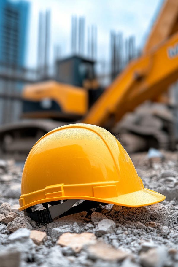 Construction Site with a Yellow Hard Hat and Heavy Machinery Working ...