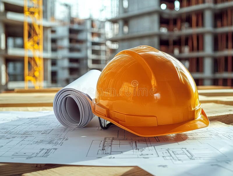 Construction Site with Yellow Hard Hat and Plans Stock Illustration ...