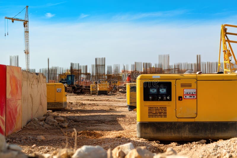 Construction Site with Yellow Machinery and Scaffolding Under Blue Sky ...