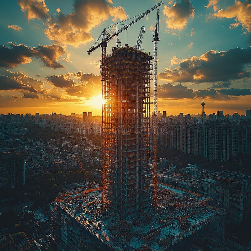 Construction of a Skyscraper at Sunset with Cranes and City Skyline in ...