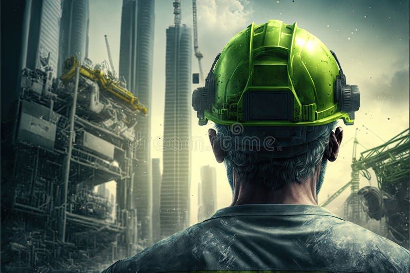 Construction of a Skyscraper, View of a Worker in a Helmet from Behind ...