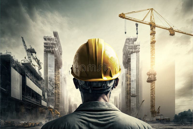 Construction of a Skyscraper, View of a Worker in a Helmet from Behind ...