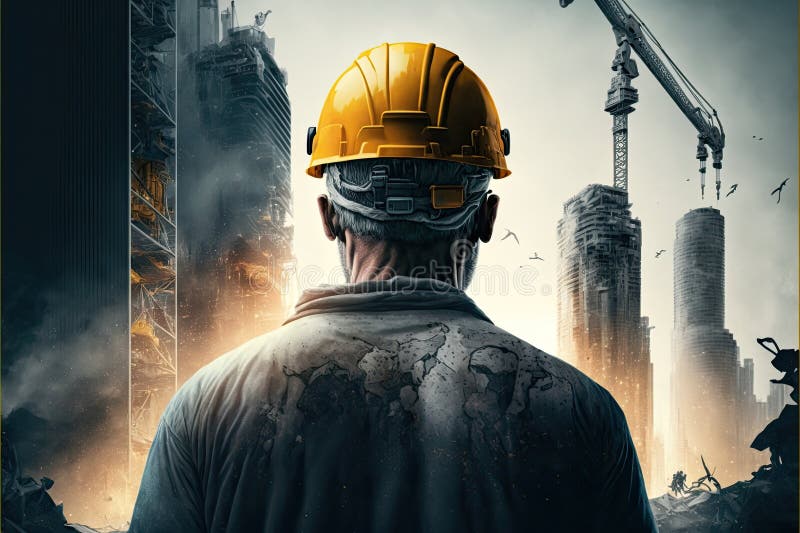 Construction of a Skyscraper, View of a Worker in a Helmet from Behind ...