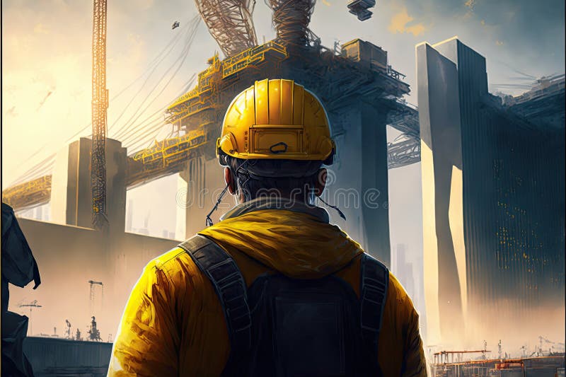 Construction of a Skyscraper, View of a Worker in a Helmet from Behind ...