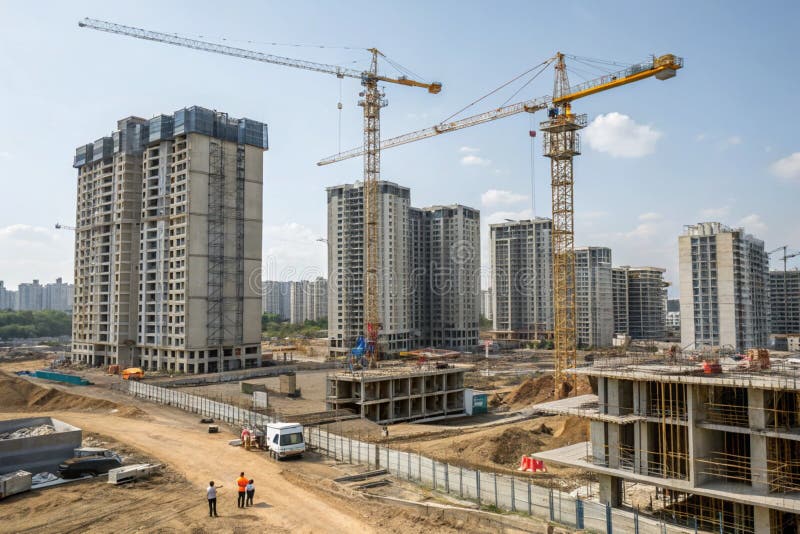 Construction of Skyscrapers with Tower Cranes Stock Illustration - Illustration of modernhomes ...
