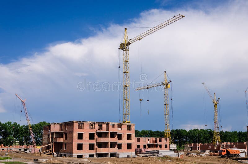 Construction of a Small Suburban Brick House. Construction Machinery ...