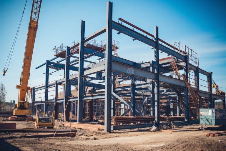 Construction of the Steel Building, Pillars Using Stock Image - Image ...