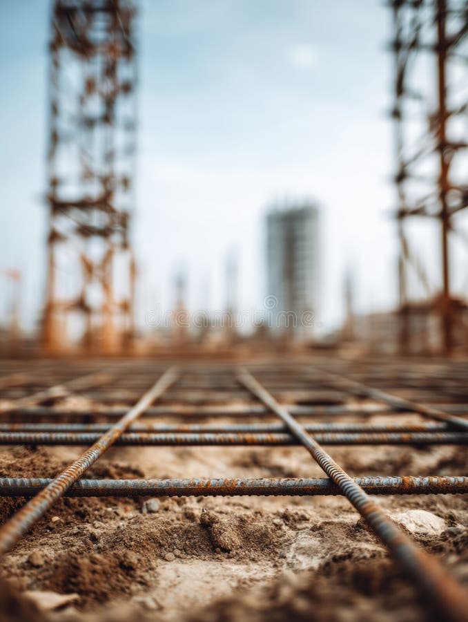 Construction of Steel Foundation Frame with Blurred Background Showing ...