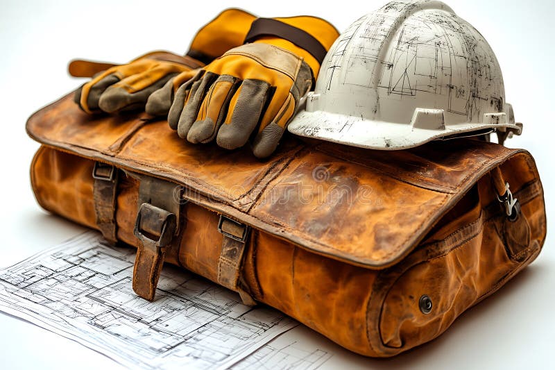 Construction Gear Hard Hat, Leather Gloves, and Weathered Briefcase on ...