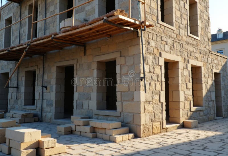Construction of a Stone Building with Scaffolding in Progress during ...