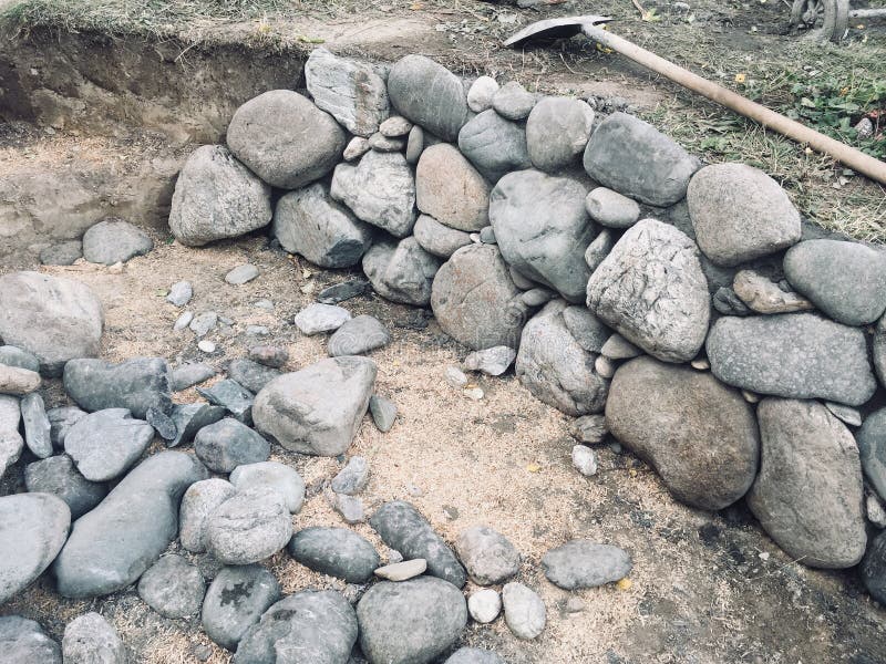 Construction of the Stone Retaining Wall Stock Image - Image of large ...