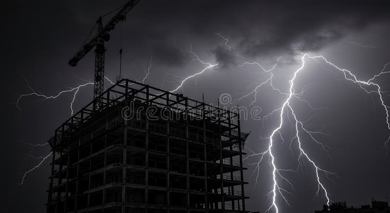 Construction Site Building with Crane Under Dramatic Lightning Storm Weather Stock Illustration ...