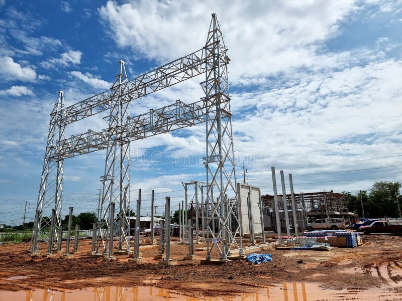 Steel Structure of High Voltage Take-off Tower in the Switchyard, Power ...