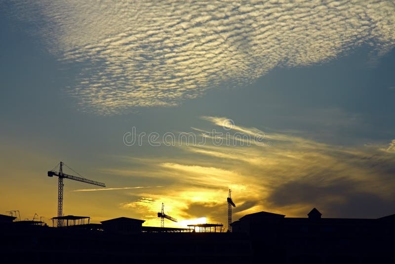 Construction Site at Sunset Stock Photo - Image of silhouette, build ...