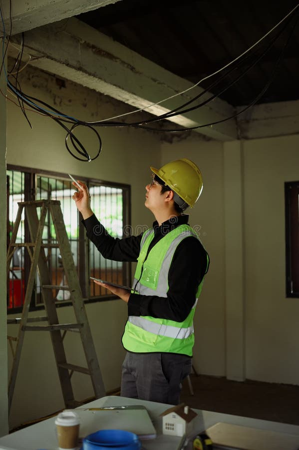 Construction Supervisor Evaluating Ceiling Installation in an ...