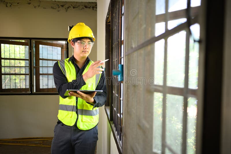 Construction Supervisor Examining Window Frame during a Renovation ...