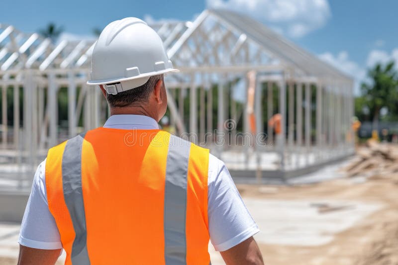 A Construction Supervisor in a Hard Hat and Reflective Vest Oversees ...