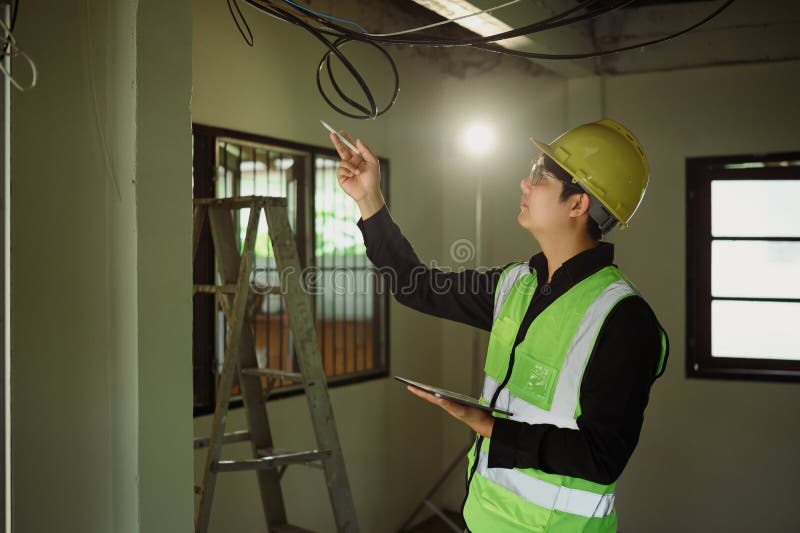 Construction Supervisor Inspecting Electrical Cables during a Building ...