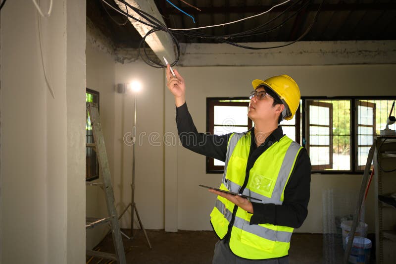 Construction Supervisor Inspecting Electrical Wiring at Construction ...