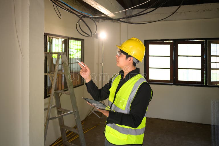 Construction Supervisor Inspecting Electrical Wiring at Construction ...