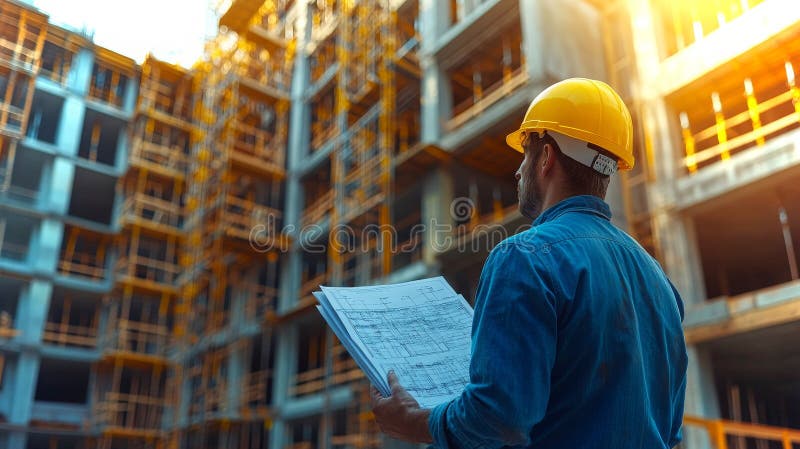 Construction Supervisor Reviewing Plans at a Building Site during ...
