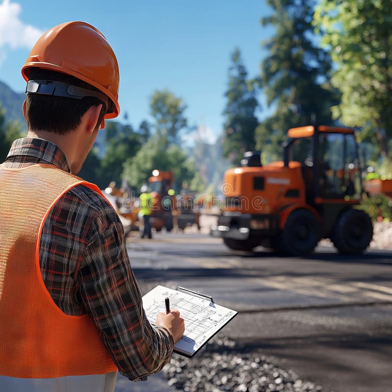 Construction Supervisor Taking Notes on Road Paving Project Stock Photo ...