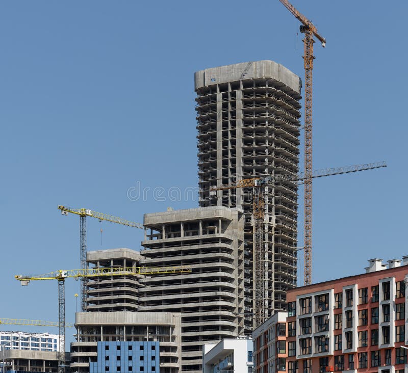 Construction of Tall High Rise Tower in Urban Metropolis. Unfinished ...