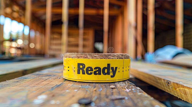 Construction Tape with Ready Symbol Placed on Wooden Surface in ...