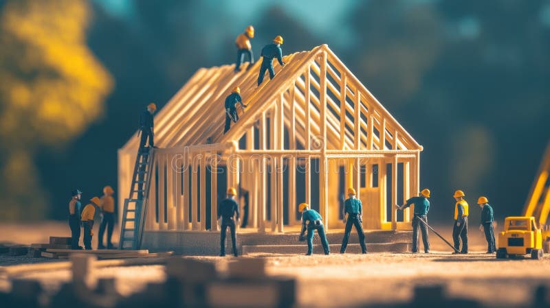 Construction Team Building Wooden House Frame Stock Image - Image of ...
