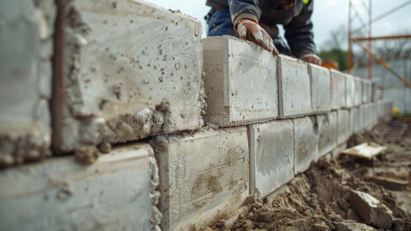 A Construction Team Carefully Arranging Interlocking Concrete Blocks To ...