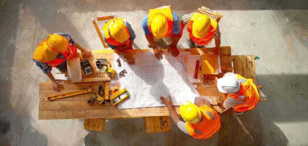 The Construction Team Collaborates Over Blueprints during a Project ...