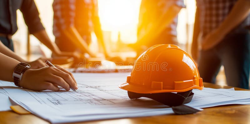Construction Team Collaborates on Project Plans with Orange Hard Hat in ...