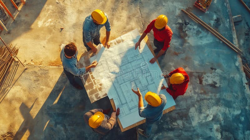 Construction Team Discussing Blueprints on a Building Site in the ...